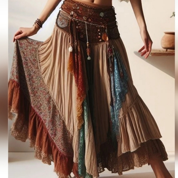 Ursime | Skirts | Ursime Boho Patchwork Floral Lace Trim Tiered Maxi ...